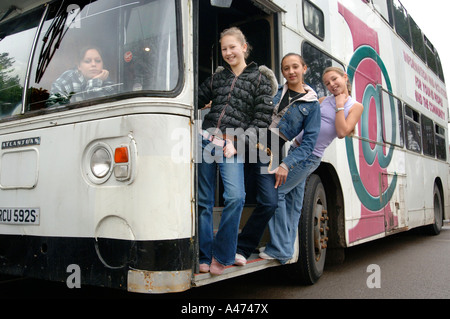 Traveller girls on the double decker community bus used as a classroom ...