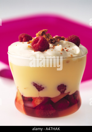 Raspberry trifle with fruit jelly, custard and cream Stock Photo - Alamy