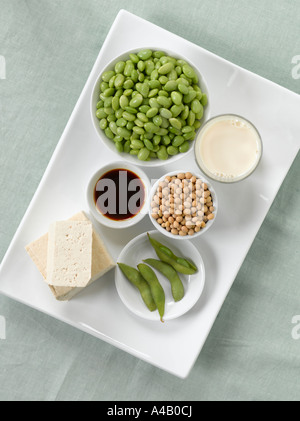 Soy products for good health. Soybeans, soy milk, tofu Stock Photo - Alamy
