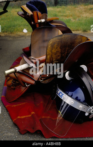 Male in helmet riding by horse at farm, trainer talking to woman in ...