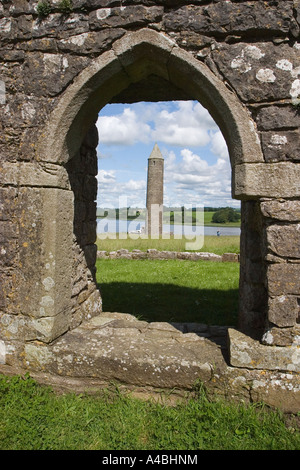 Devenish Island round tower and Celtic Christian monastic ruins. Lower ...