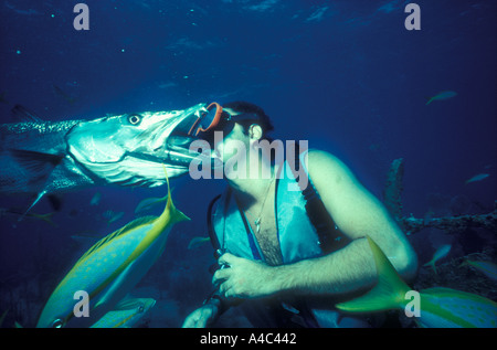 CAPTAIN SPENCER SLATE FEEDS A BARRACUDA BY MOUTH UNDERWATER IN THE ...