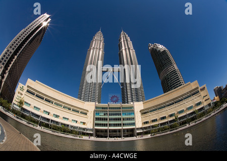 Fisheye view of the Petronas Twin Towers at KLCC in Kuala Lumpur ...