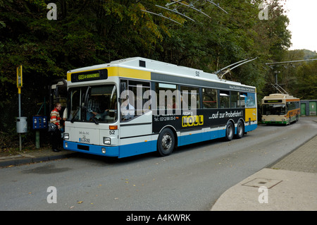 Trolley buses at the turntable at Solingen Burg, Germany. Western ...