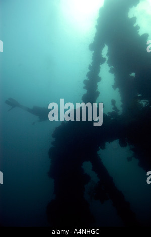 Diver in the wreck of the Iro Maru, fleet oil tanker sunk by torpedo ...