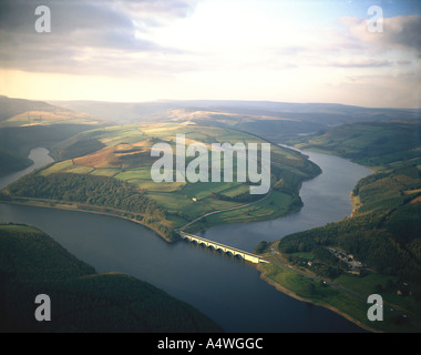 Aerial view of Ladybower Reservoir with scenic countryside and blue sky ...