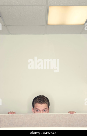 Businessman looks over the cubical wall at his coworkers in their ...