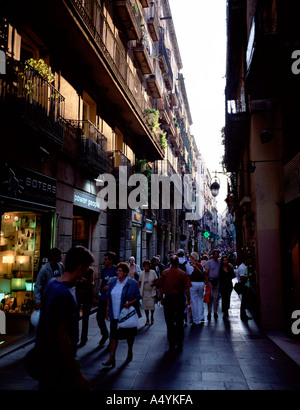 Barcelona Spain street scene in Gothic Quarter El Born district with a ...