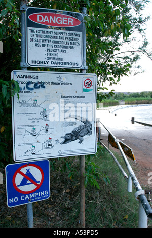 Road sign warning of crocodiles crossing, Garig Gunak Barlu National ...