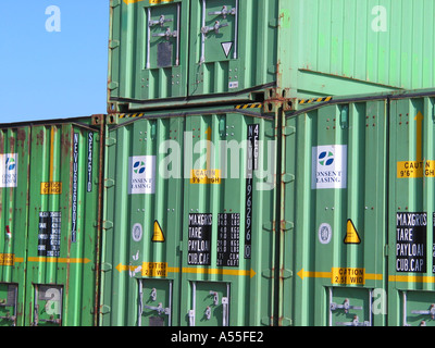 Containers piled or stacked high, View of Stern of Container Vessel ...