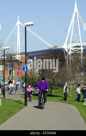 cyclists on taff trail with the millennium stadium in distance cardiff ...