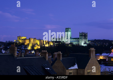 Durham Cathedral floodlit at dusk, Durham City, County Durham, England ...