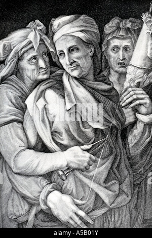 Clotho, Lachesis and Atropos, the Greek Fates or Moirai. Handcoloured ...