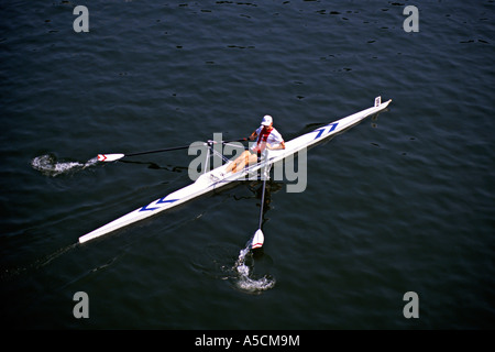 Single rowing skiff in race on river Neckar Heidelberg Germany Stock ...