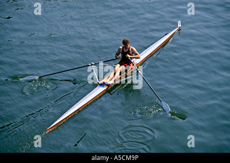 Single rowing skiff in race on river Neckar Heidelberg Germany Stock ...