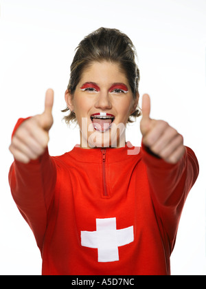 portrait of cheerful smiling young swiss woman portrait in outdoor ...