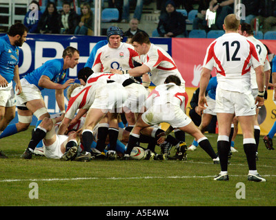 Players in a scrum during the 6 or Six Nations Championship rugby match ...