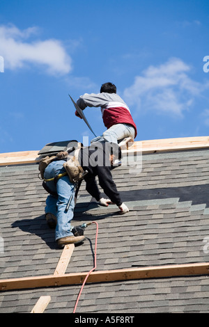 Immigrant Construction Worker Installing Roof Shingles Stock Photo - Alamy