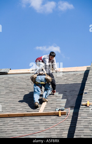 Immigrant Construction Worker Installing Roof Shingles Stock Photo - Alamy