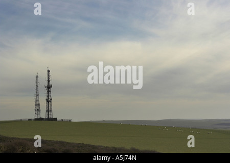 Radio masts on the South Downs Way at Beddingham Hill near Firle Beacon ...