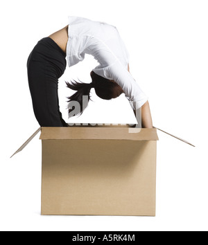 Female contortionist businesswoman inside cardboard box Stock Photo - Alamy