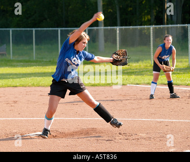 Youth girls softball pitcher in action Stock Photo - Alamy