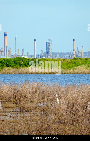 Cliffe Marshes looking towards Canvey Island oil refinery, Isle of ...