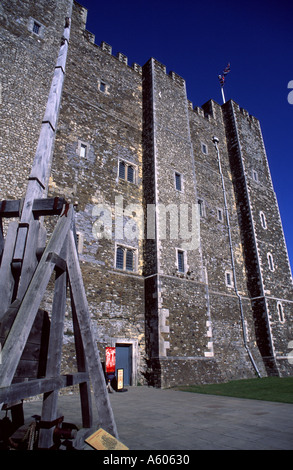 Dover Castle keep with trebuchet siege weapon in foreground Kent UK ...