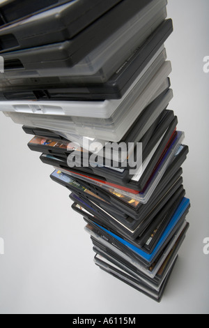 tall stack of dvd cases looking down, side view of a tall stack of dvd ...