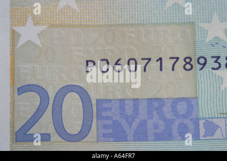 Detail on 20 euro banknote. Close up of banknote laid out on table ...