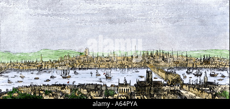 Old London Bridge before the Great Fire of London in 1666; Black and ...