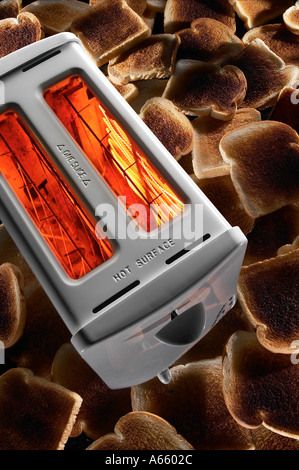 Closeup inside bread toaster heating element glowing red hot filament ...