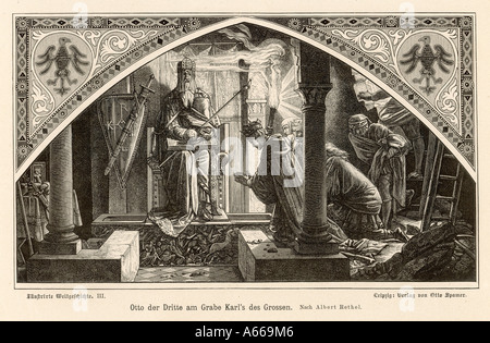 The emperor Otto III visits Charlemagne's tomb at Aachen, where he is ...