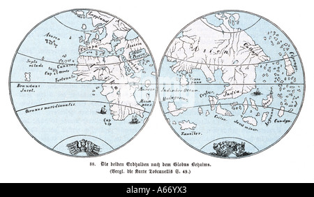 Map of the world in two halves, according to Martin Behaim Date: 1492 ...