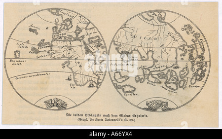 Map of the world in two halves, according to Martin Behaim Date: 1492 ...