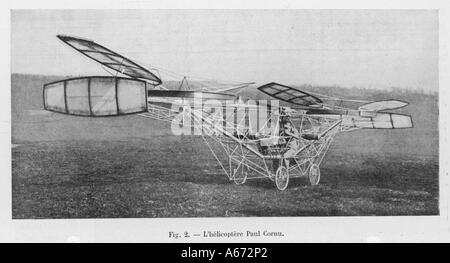 French designer Paul Cornu's helicopter, with its creator seated at the ...