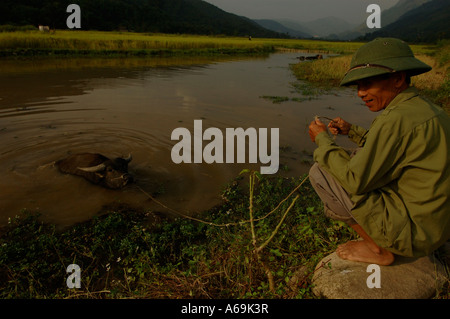 Blue Hmong man bathing his water buffalos in the community of Satong ...