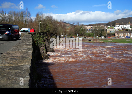 Flooded River Usk at Usk road bridge in Abergavenny in Monmouthshire in ...