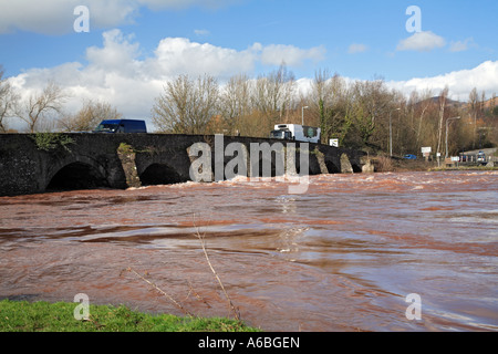 Flooded River Usk at Usk road bridge in Abergavenny in Monmouthshire ...