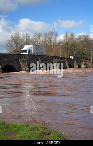 Flooded River Usk at Usk road bridge in Abergavenny in Monmouthshire in ...