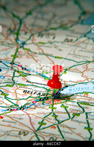 Map Pin pointing to Belfast , Northern Ireland on a road map Stock ...