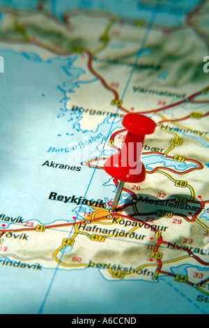 Map Pin pointing to Reykjavik , Iceland , on a road map Stock Photo - Alamy