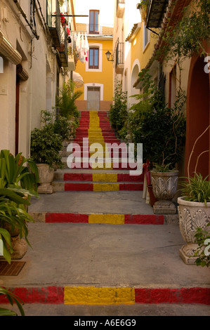 Steep lane with stairway steps in the Spanish national colors, old part ...