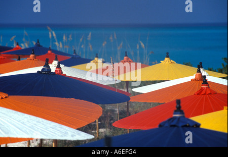 Beach with umbrellas and a bright water Stock Photo - Alamy