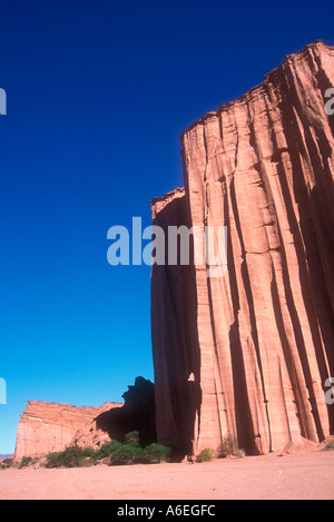 The eroded red sandstone wall of the Triassic Talampaya Formation in ...