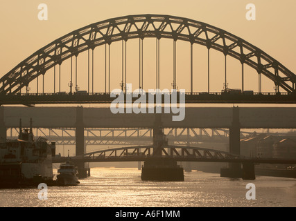 Bridges over the river Tyne at dusk. Showing the Type Bridge; Swing ...