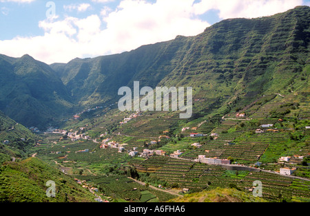 Landscape view of Hermigua valley and village showing houses and ...