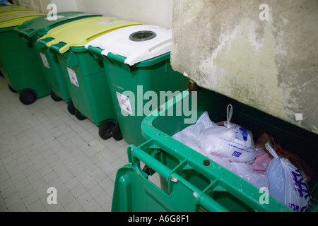 Recycling waste in a residential block of flats in Paris France August ...