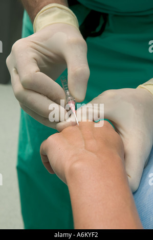 Anesthesiologist does blood work on patient during surgery Stock Photo ...