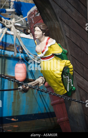 A traditional carved wooden figurehead on the prow of a ship Stock ...